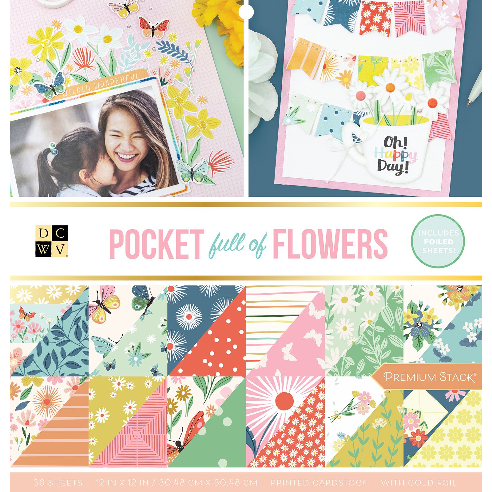 Pocket Flowers Stack DCWV Premium 12x12" con foil Gold